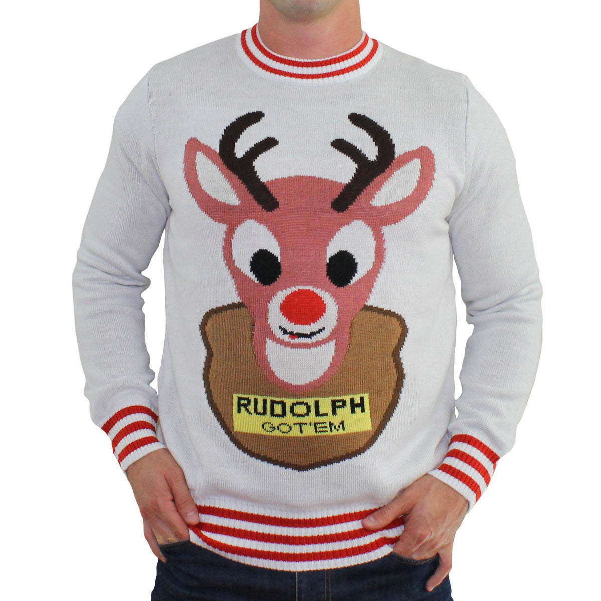 Ugly Christmas Sweaters Mounted Rudolph White with Reindeer – Ugly ...